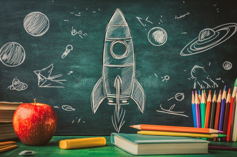 A Fun Learning Environment Rocket on Chalkboard with Books and Apple ...