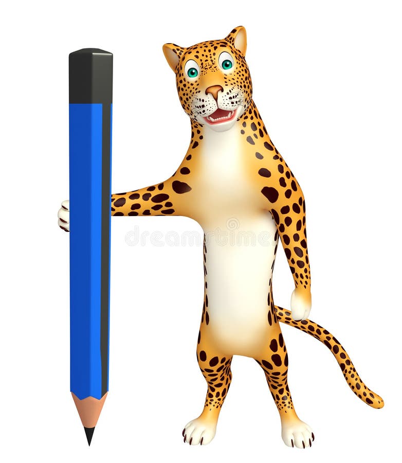 Fun Leopard Cartoon Character with Pencil Stock Illustration ...