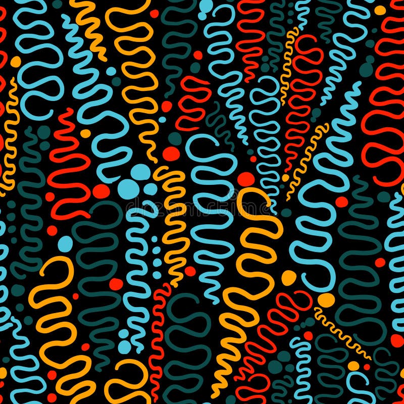 Fun Line Doodle Seamless Pattern on a Black Background. Creative ...