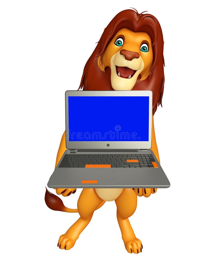 Fun Lion Cartoon Character with Laptop Stock Illustration ...