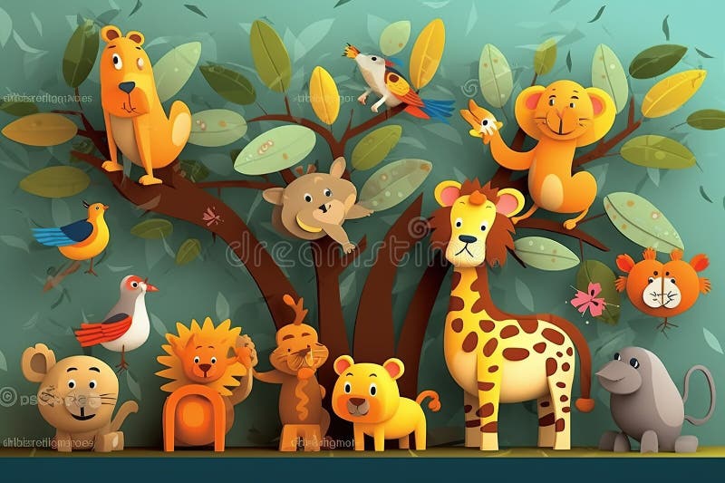 A Fun and Lively Scene of Cute Animals Having Fun on the Branches in ...