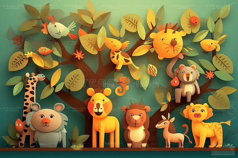 A Fun and Lively Scene of Cute Animals Having Fun on the Branches in ...