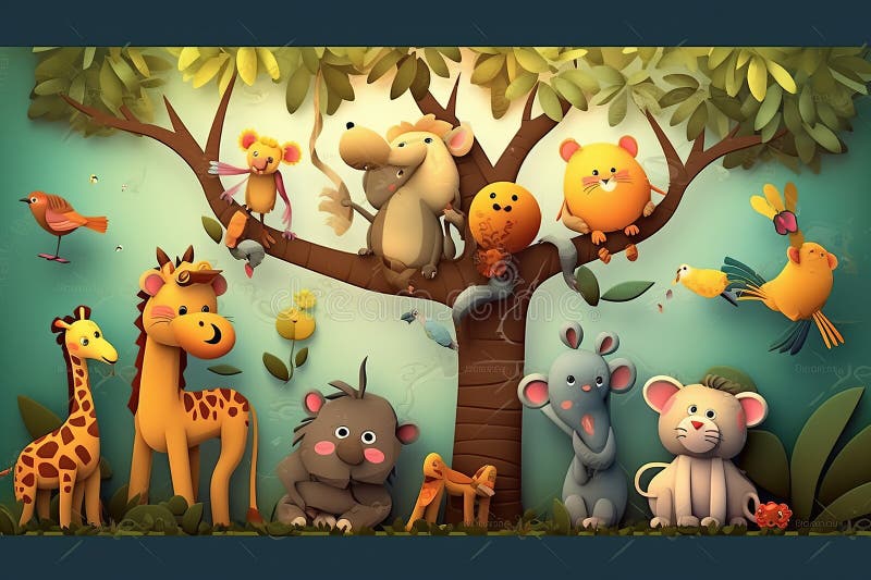 A Fun and Lively Scene of Cute Animals Having Fun on the Branches in ...