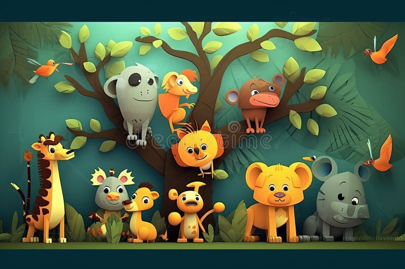 A Fun and Lively Scene of Cute Animals Having Fun on the Branches in ...