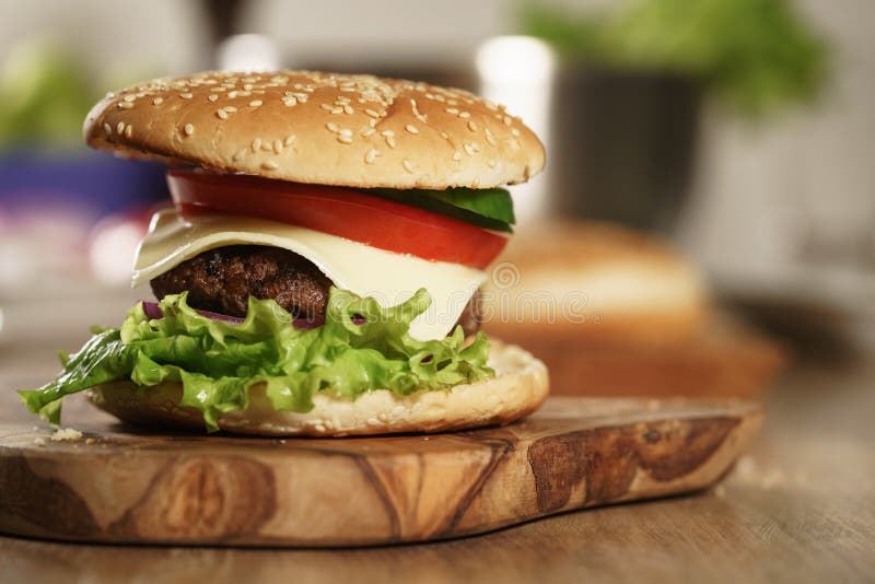 Fun Made Fresh Burger with Marble Beef, Cheese and Vegetables on Olive ...