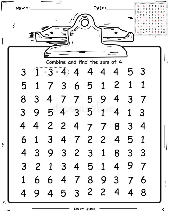 Fun Math Game Combine To Get Number Four Stock Vector - Illustration of ...