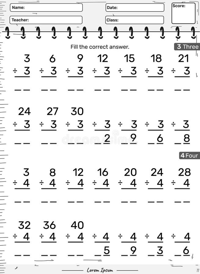 Division Game of Number Three and Four or 3 and 4 Stock Vector ...