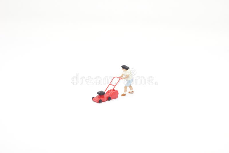 Fun of Mini Figure Gardener Mowing Lawn Stock Photo - Image of work ...