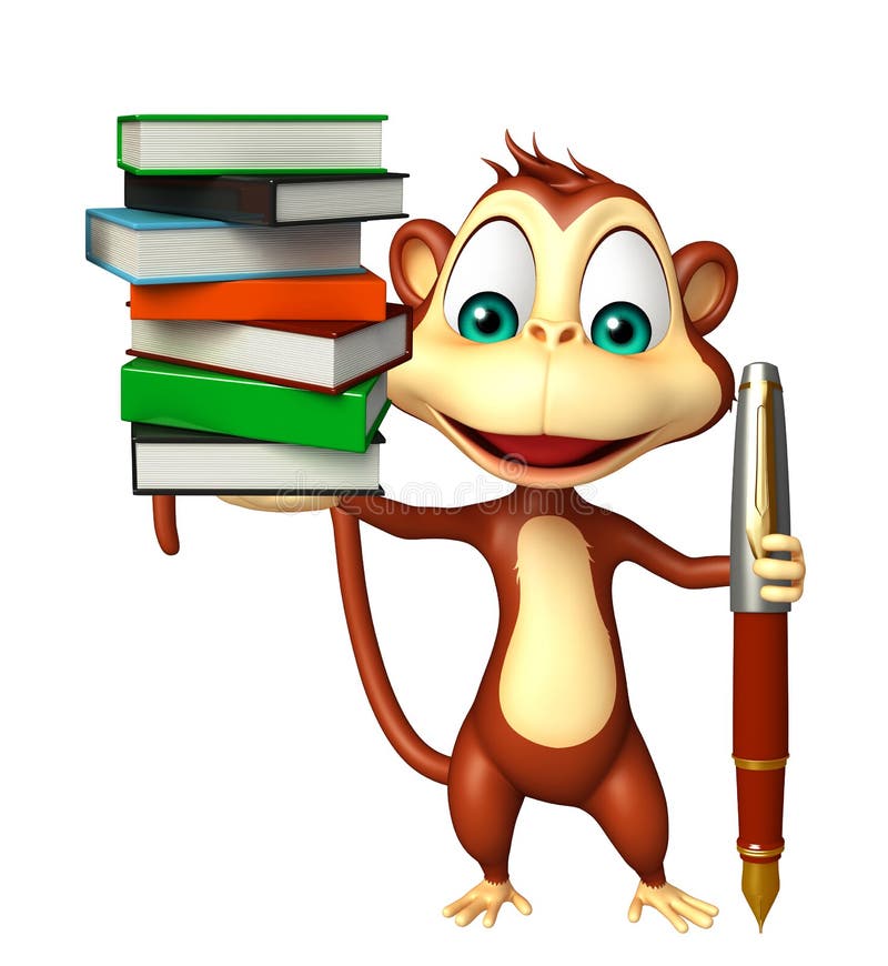 Fun Monkey Cartoon Character with Book and Pen Stock Illustration ...