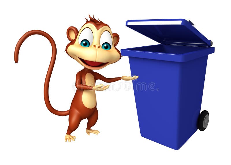 Fun Monkey Cartoon Character with Dustbin Stock Illustration ...