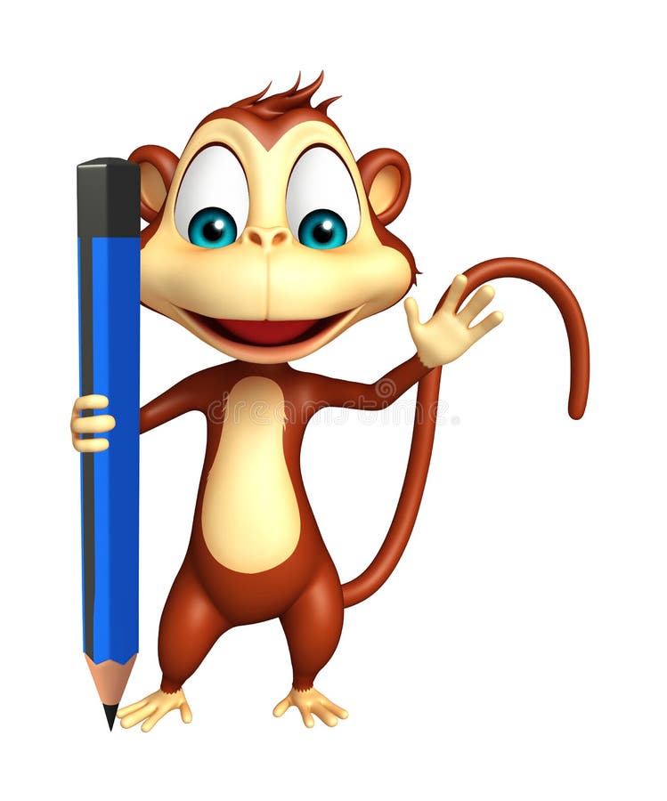 Fun Monkey Cartoon Character with Pencil Stock Illustration ...