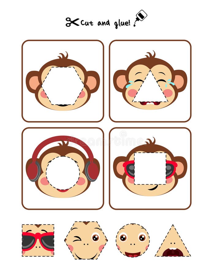 Fun Page with Monkey Shapes Cut, Match, and Learn Activity Stock ...