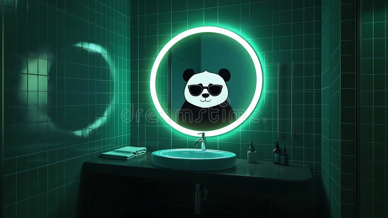 Fun Panda Mirror with Green Neon Lights in Bathroom Stock Photo - Image ...