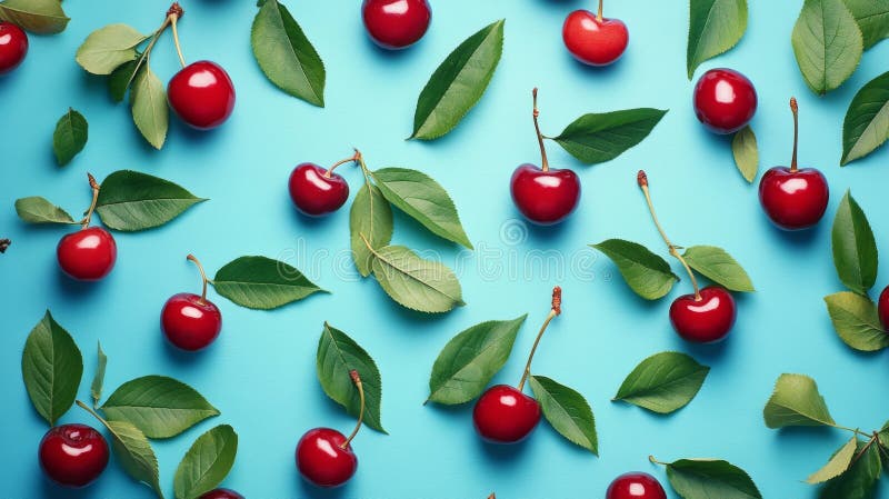 A Fun Pattern of Cherries and Cherry Leaves on a Light Blue Background ...