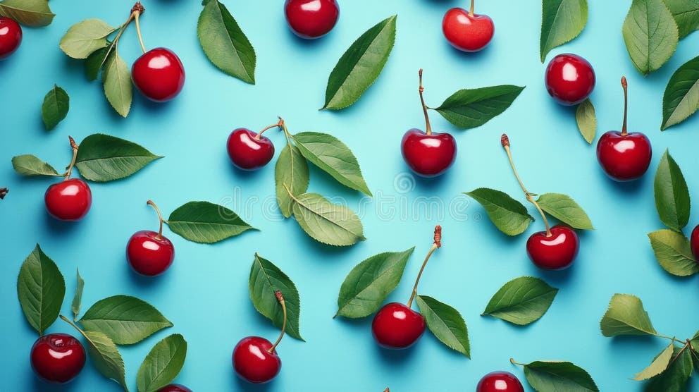 A Fun Pattern of Cherries and Cherry Leaves on a Light Blue Background ...