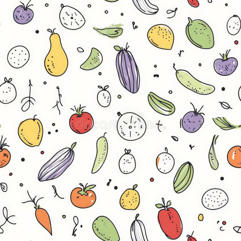 A Fun Pattern of Random Fruits and Vegetables, Scribbled in a Loose ...