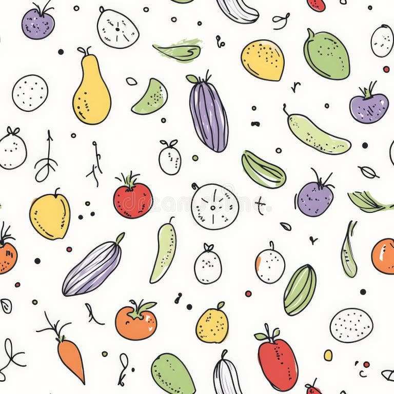 A Fun Pattern of Random Fruits and Vegetables, Scribbled in a Loose ...
