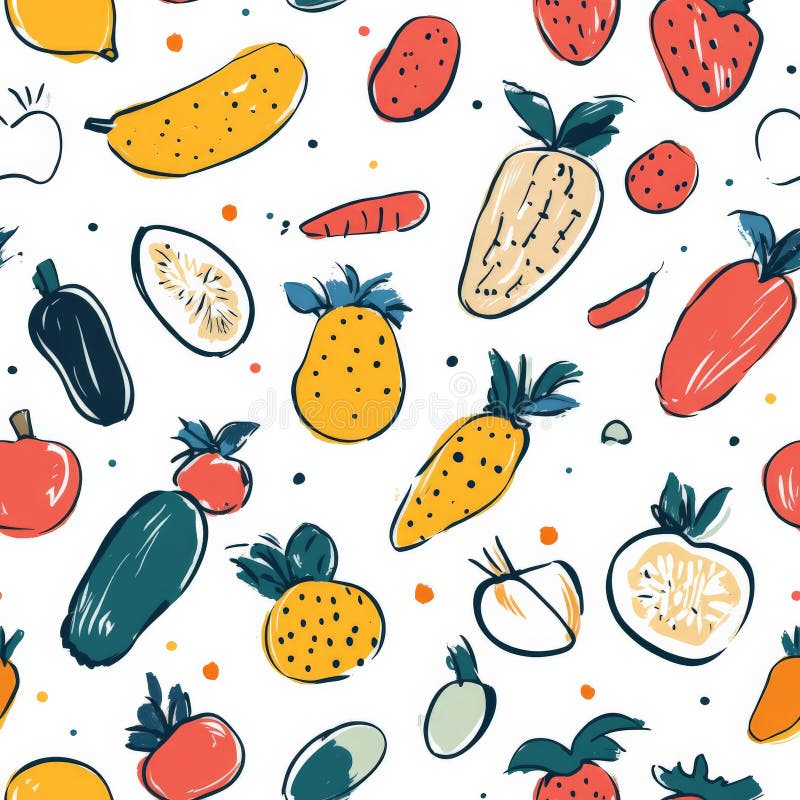A Fun Pattern of Random Fruits and Vegetables, Scribbled in a Loose ...