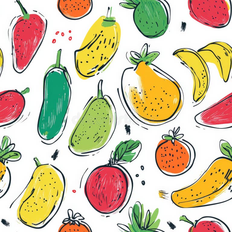 A Fun Pattern of Random Fruits and Vegetables, Scribbled in a Loose ...