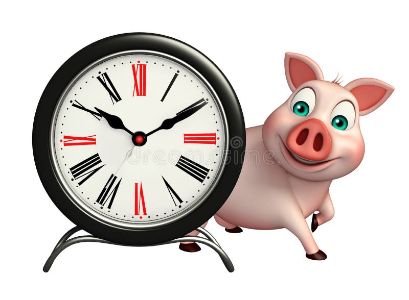 Fun Pig Cartoon Character with Clock Stock Illustration - Illustration ...