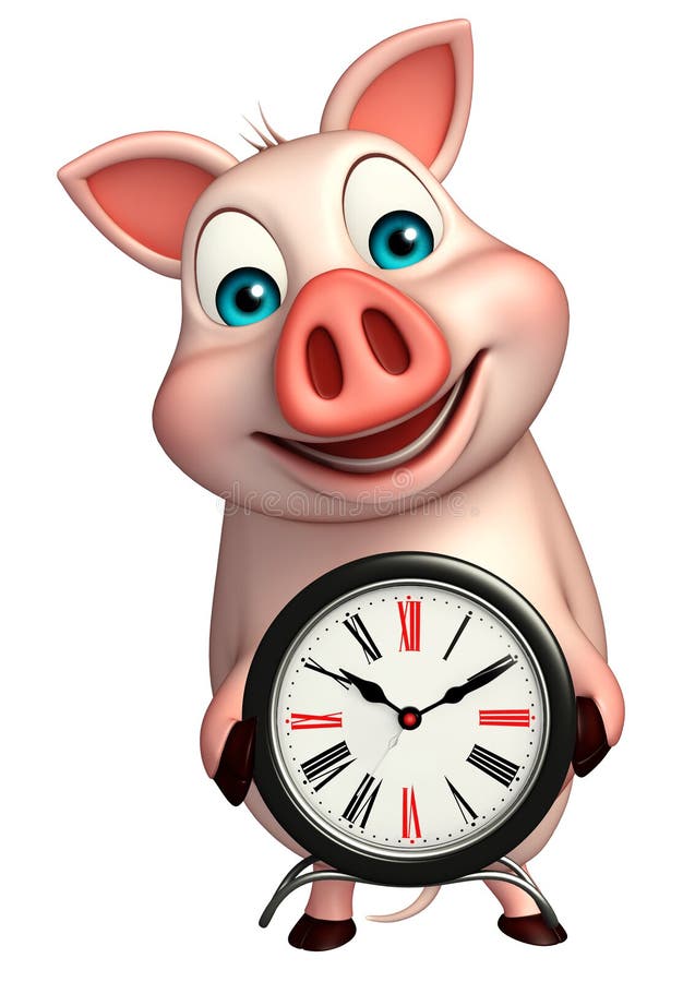 Fun Pig Cartoon Character with Clock Stock Illustration - Illustration ...