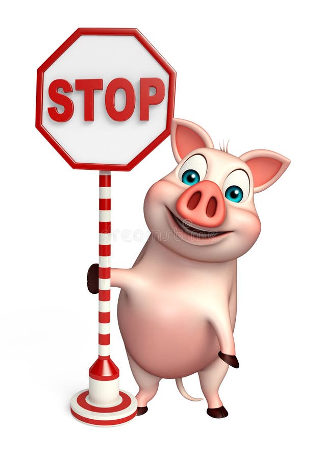 Fun Pig Cartoon Character with Stop Sign Stock Illustration ...