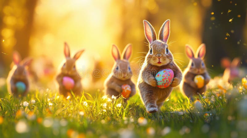 A Fun Scene of Easter Bunnies Darting Around in Search of Easter Eggs ...