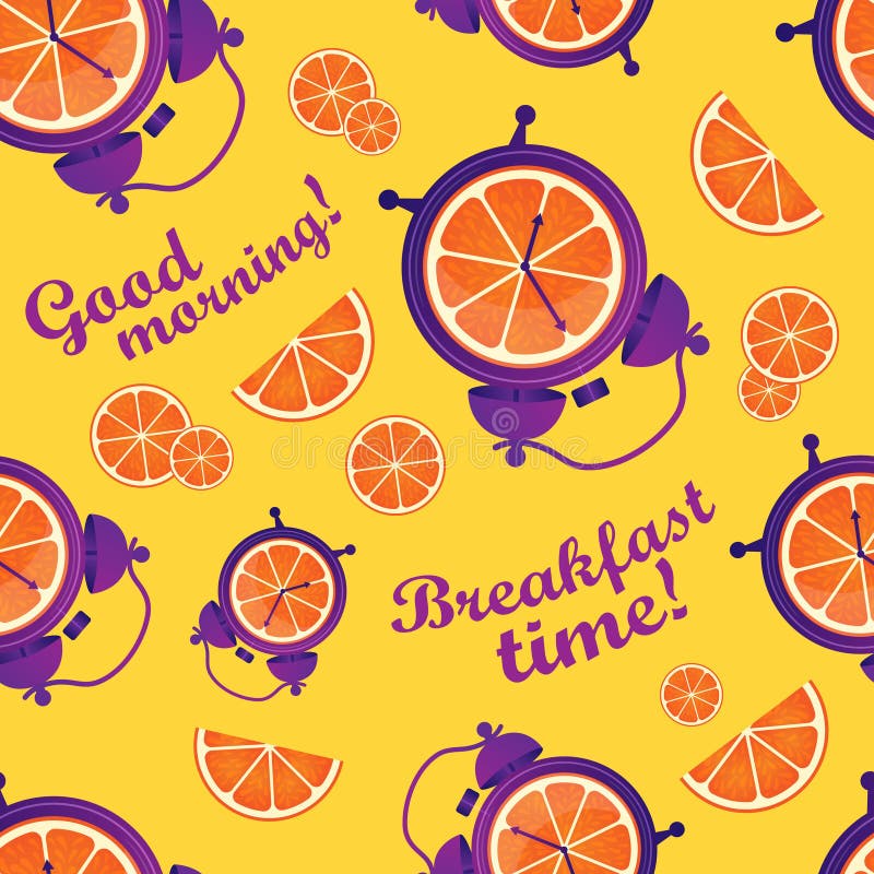 Fun Seamless Pattern with Oranges and Alarm Clocks. Breakfast Time ...