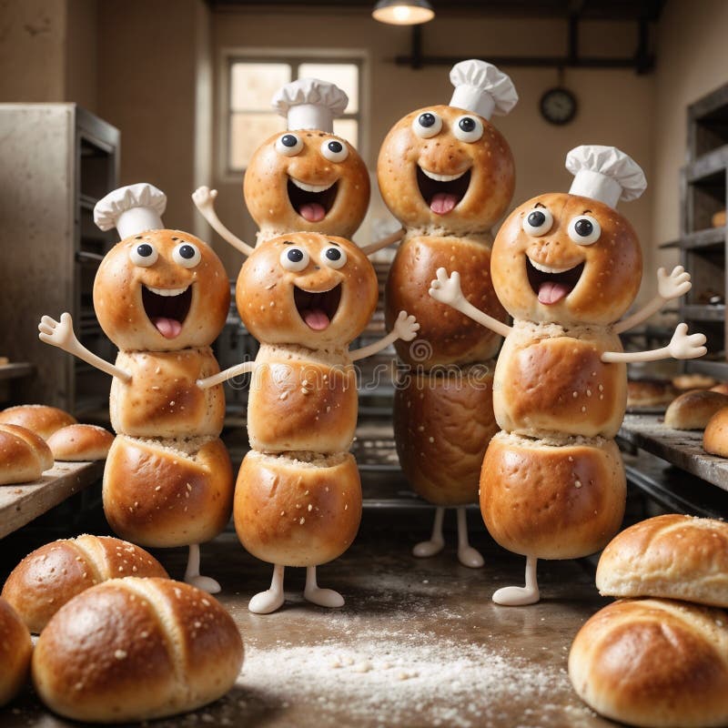 Fun Smiling Bread Characters Celebrating in a Bakery Stock Illustration ...