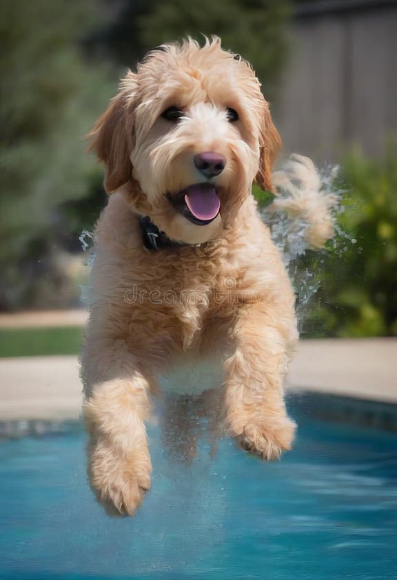 A Cool Goldendoodle with a Playful Splash Diving into a Pool Stock ...