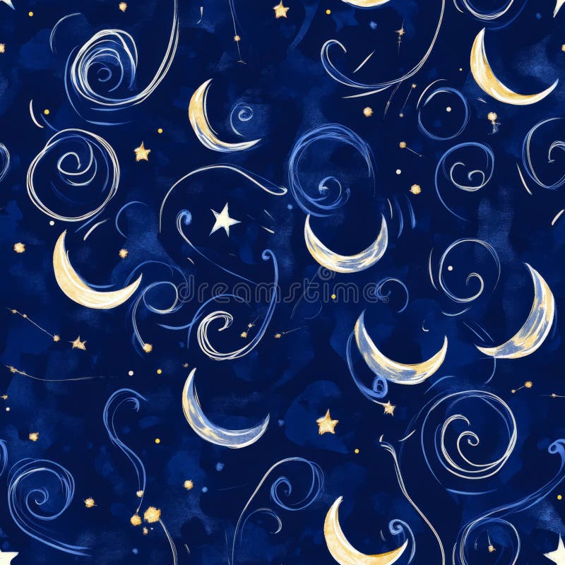 A Fun Starry Night Pattern with Sketchy Crescent Moons, Constellations ...