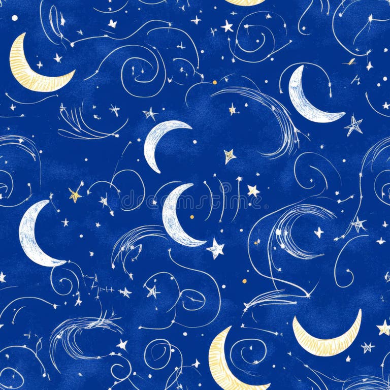 A Fun Starry Night Pattern with Sketchy Crescent Moons, Constellations ...