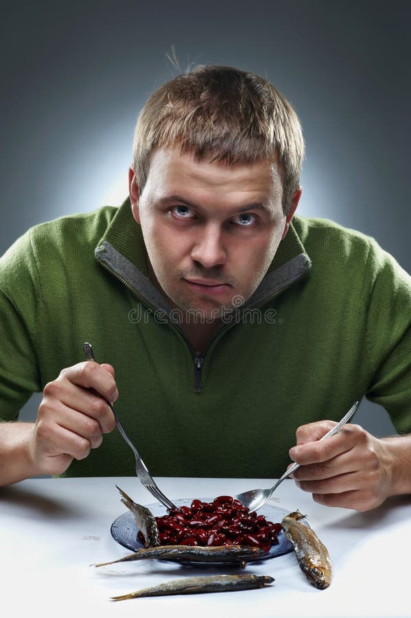 Hungry Corpulent Man Eating White Bread Stock Photo - Image of dinner ...
