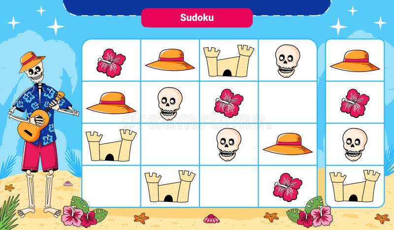 Skeleton Summer Sudoku Worksheet for Preschool Kids Stock Vector ...