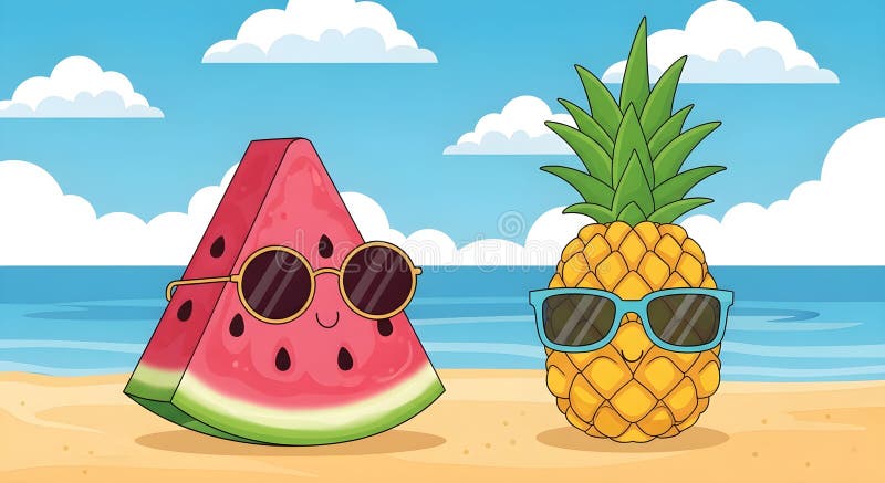 Fun Summer Scene with Watermelon and Pineapple Wearing Sunglasses Stock ...