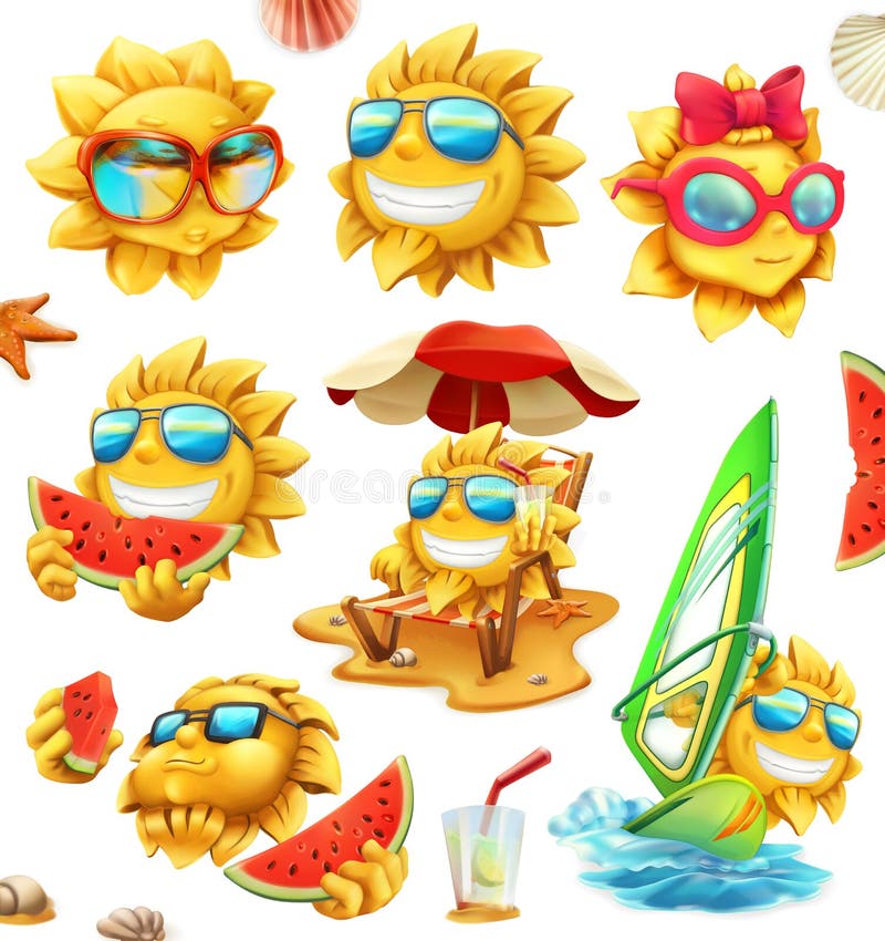 Fun Summer Sun, Vector Characters. Icon Set Stock Vector - Illustration ...