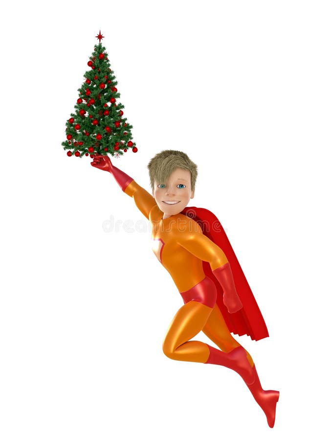 Fun Superhero and Christmas Tree Stock Illustration - Illustration of ...