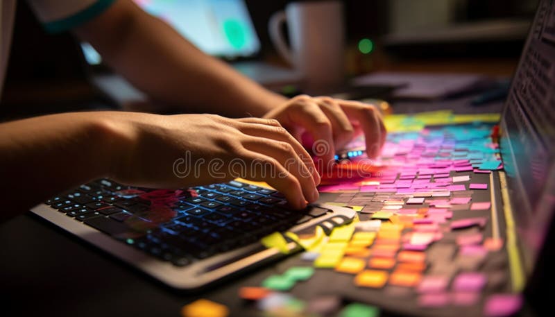 Fun Technology Playing, Human Hand Typing on Computer Generated by AI ...