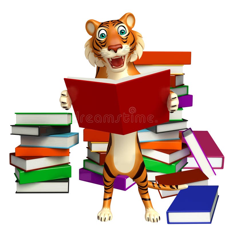 Fun Tiger Cartoon Character with Book Stock Illustration - Illustration ...