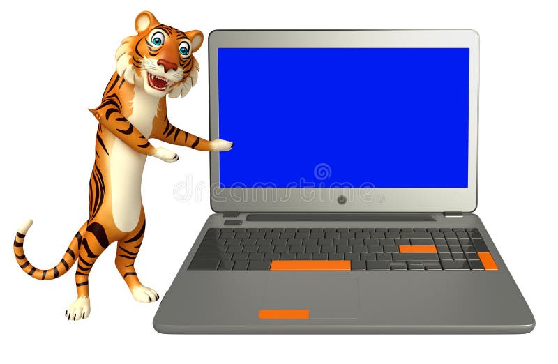 Fun Tiger Cartoon Character with Laptop Stock Illustration ...