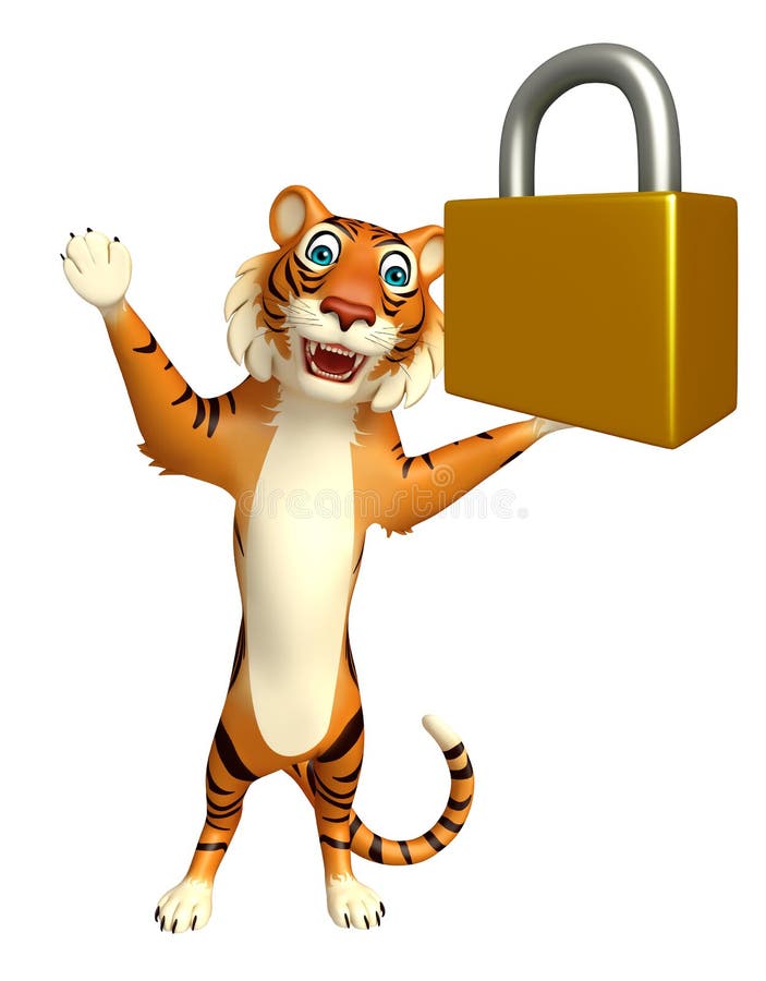 Fun Tiger Cartoon Character with Lock Stock Illustration - Illustration ...