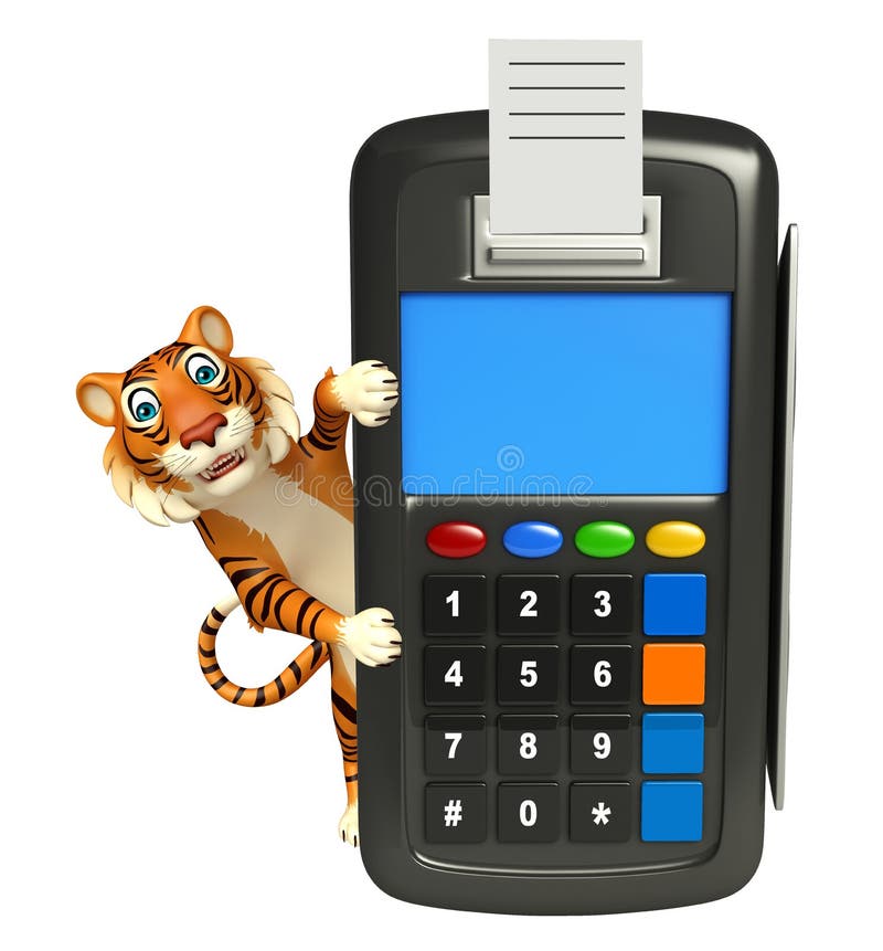 Fun Tiger Cartoon Character with Swipe Machine Stock Illustration ...