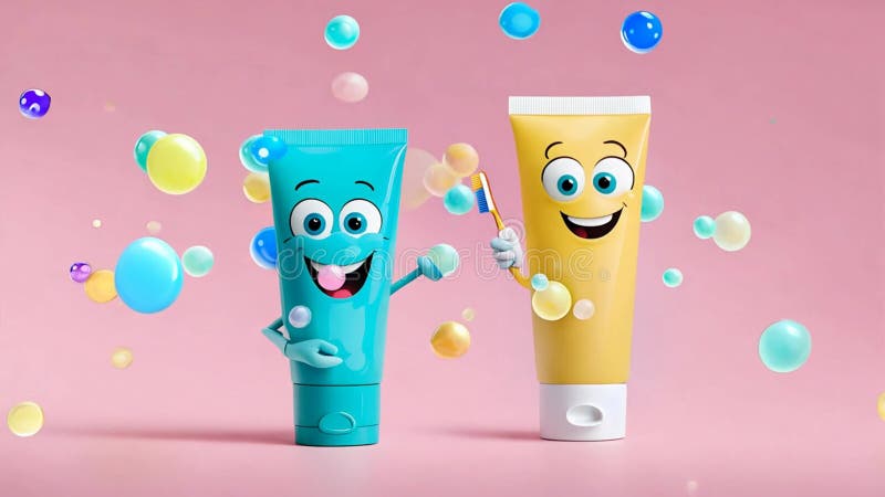 Fun Toothpaste Characters and Toothbrush on Pink Background with Soap ...