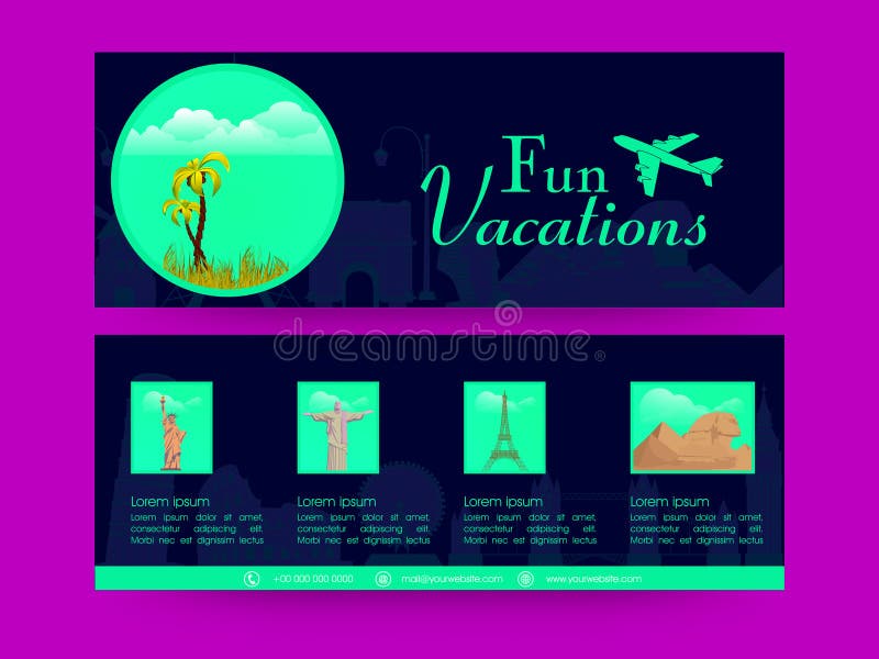 Fun Vacations Banner or Header Design with World S Famous Landmarks in ...