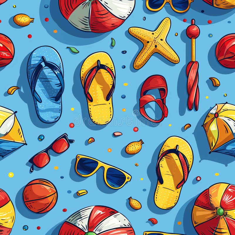 Fun and Vibrant Beach Items on Light Blue. Stock Illustration ...