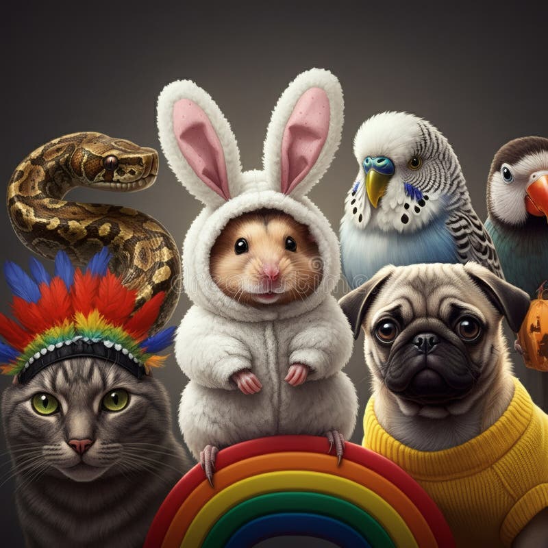 Cute Hamster in Bunny Costume Cat with Feather Headdress Pug in Sweater ...