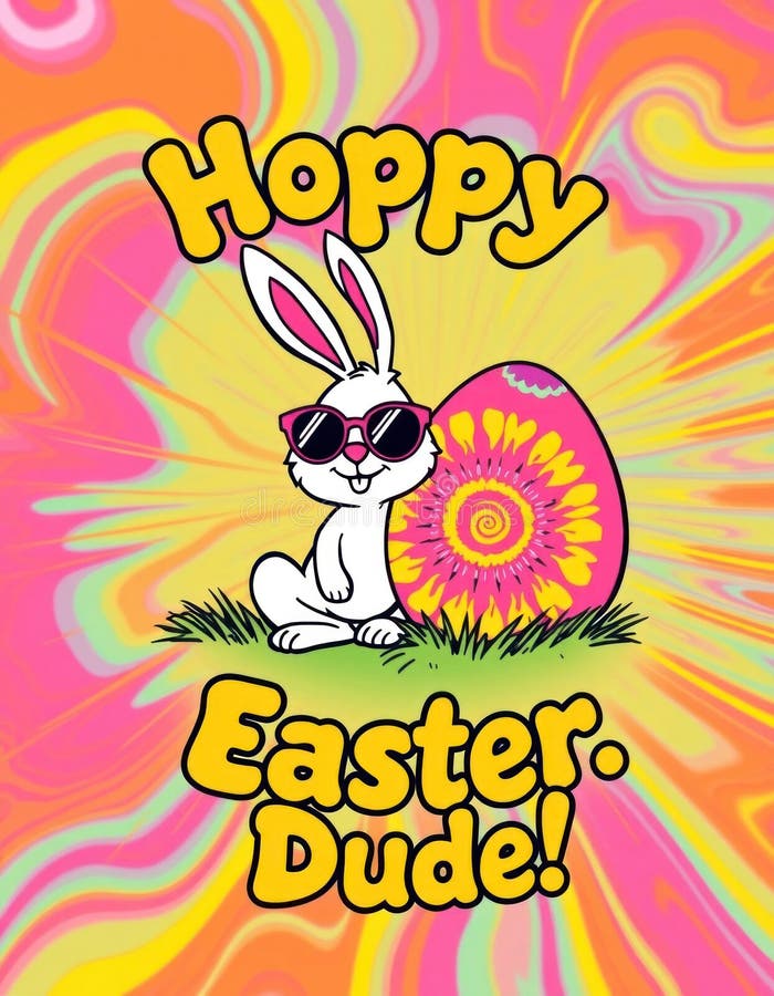 Hippie Easter Bunny with Tie-Dye Egg and Psychedelic Background Poster or Greeting Card. Created ...