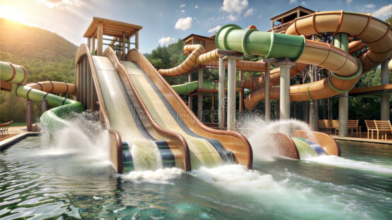 Fun Water Park Banner with Slides and Splashing Water Stock ...