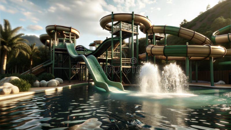 Fun Water Park Banner with Slides and Splashing Water Stock ...