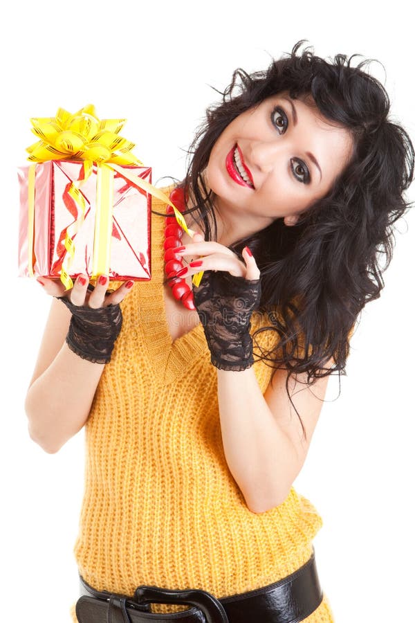 Fun woman with gift stock image. Image of cute, present - 12086903